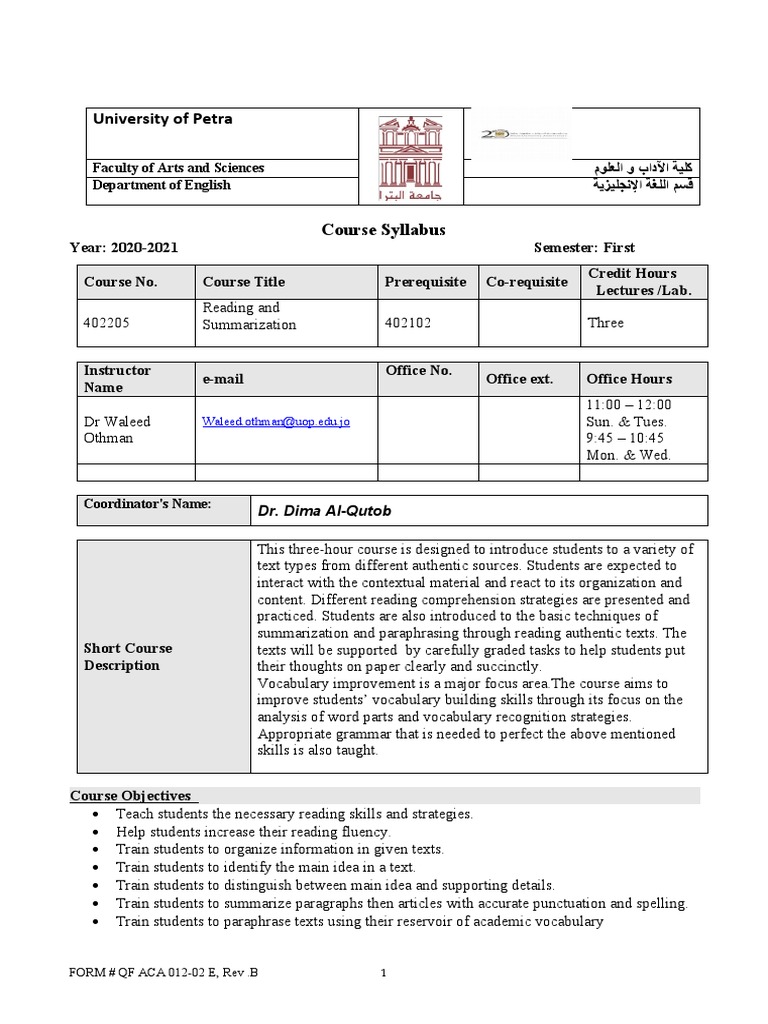 Course Syllabus Reading and Summarizing | PDF | Reading Comprehension | Cognition