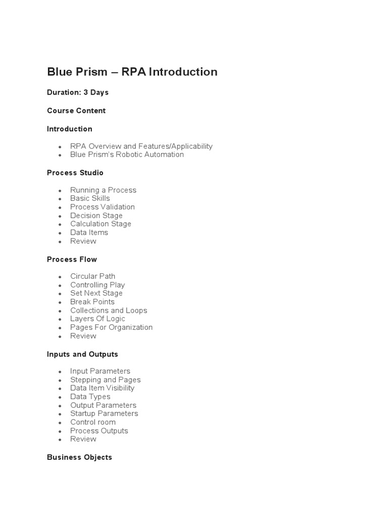Blue Prism - RPA Introduction: Duration: 3 Days Course Content | PDF