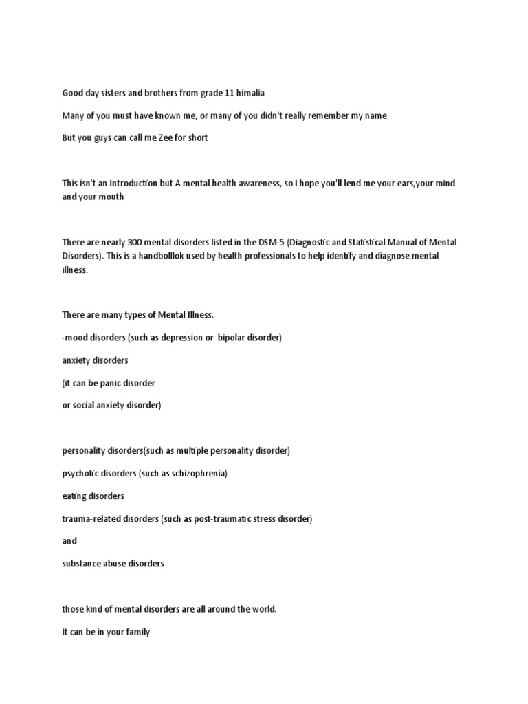 Mental Health Awareness Speech Script | PDF | Mental Disorder | Human ...