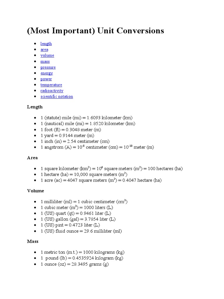 Most Important) Unit Conversions | PDF | Litre | Gallon