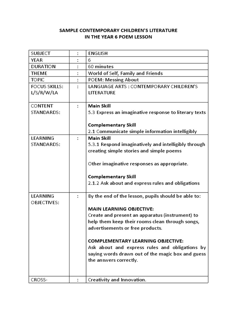 Exemplar Lesson Plan - Lan Arts Y6 - Messing About Poem | PDF ...