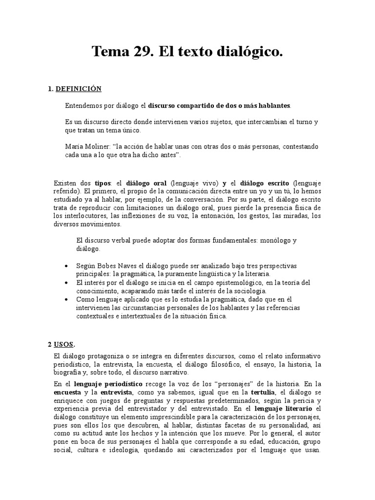 Tema 29. El Texto Dialógico. | PDF | Narrativa | Conversacion