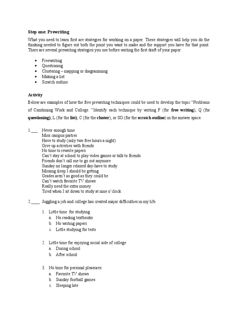 Step One: Prewriting: Activity | PDF
