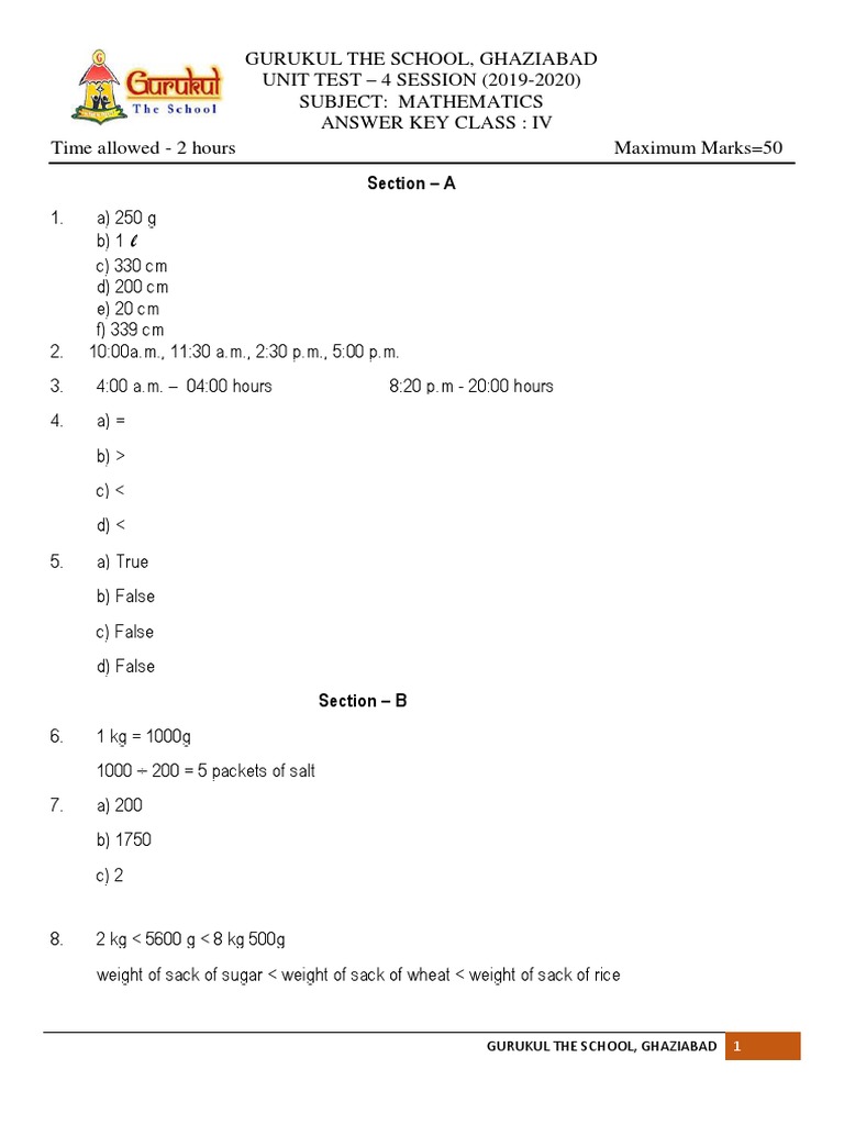 Class 4 Maths Unit Test 4 Answer Key | PDF | Nature