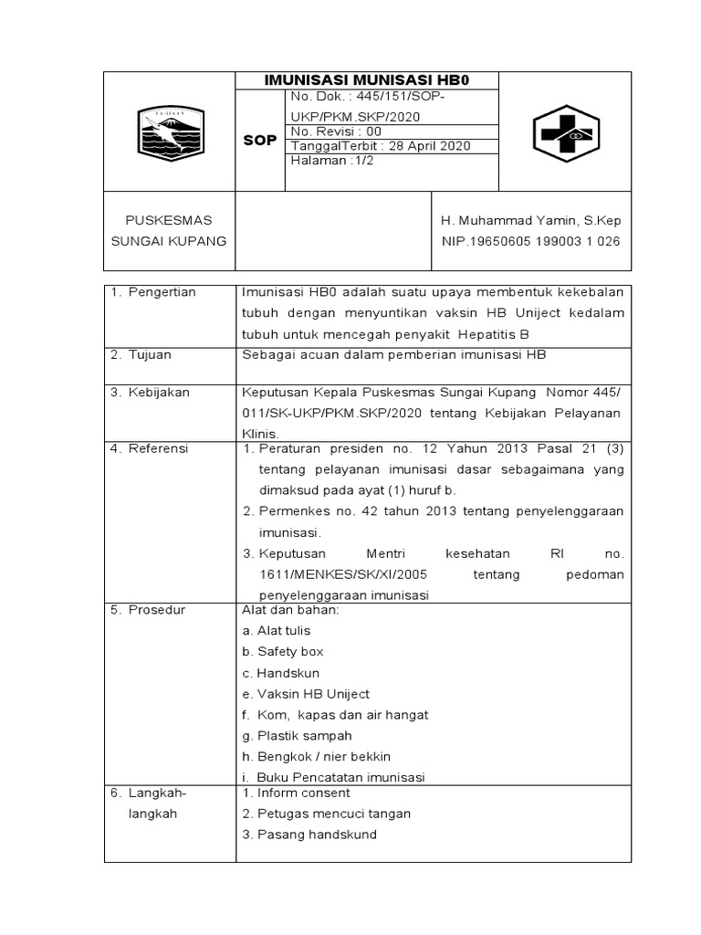 Imunisasi HB0: SOP Puskesmas | PDF