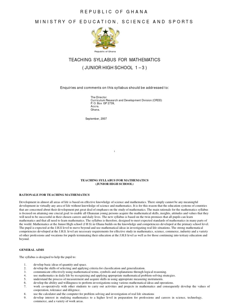 Ghana Mathematics Syllabus Jhs 1 3 PDF | PDF | Educational Assessment ...
