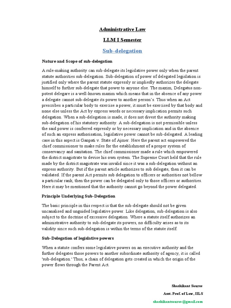 Sub-Delegation: Administrative Law LLM I Semester | PDF | Excise | Taxation