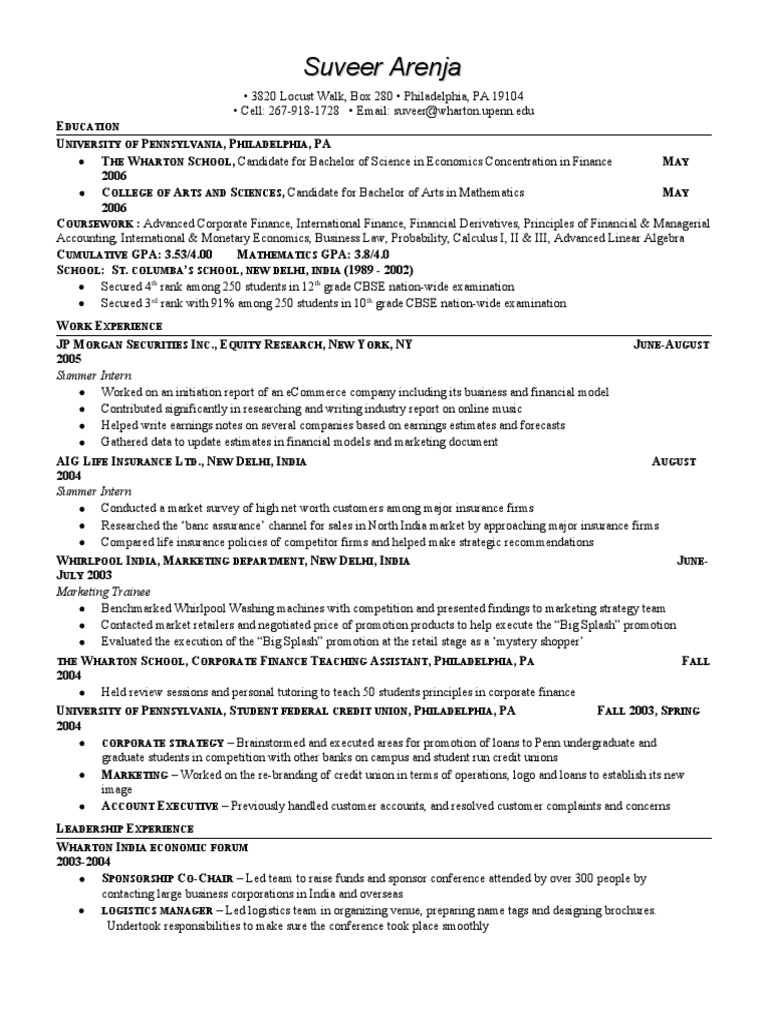 Suveer Arenja Resume | PDF | Wharton School Of The University Of ...