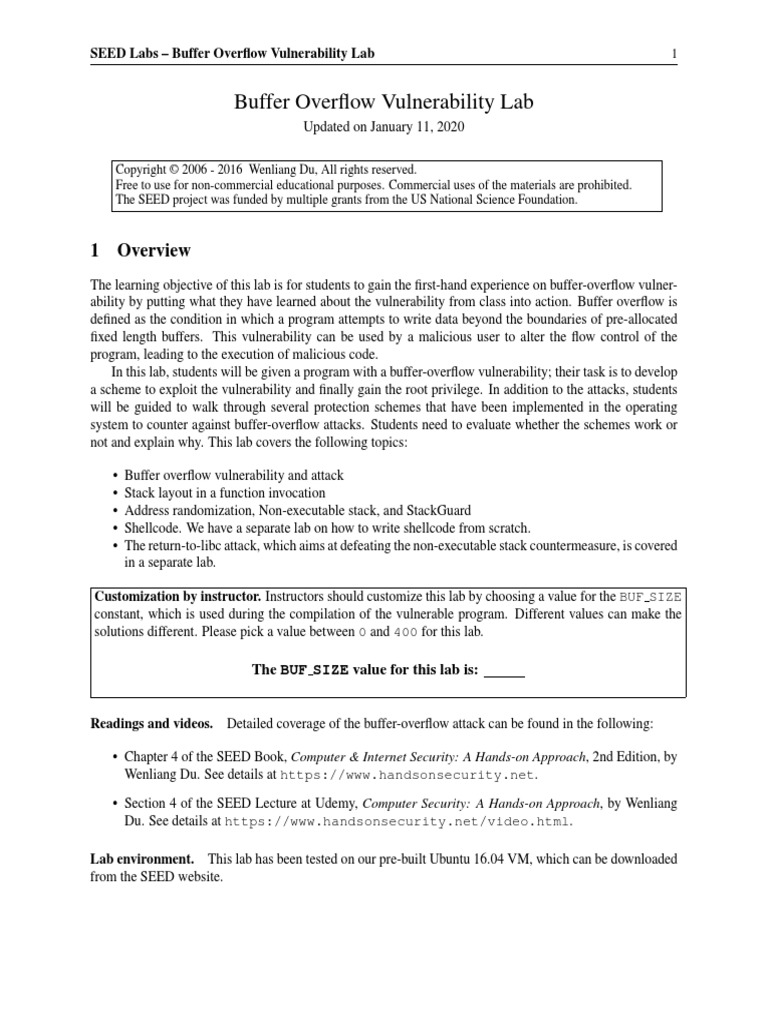 Buffer Overflow Vulnerability Lab: The BUF SIZE Value For This Lab Is ... Buffer Overflow Vulnerability Lab: The BUF SIZE Value For This Lab Is ...