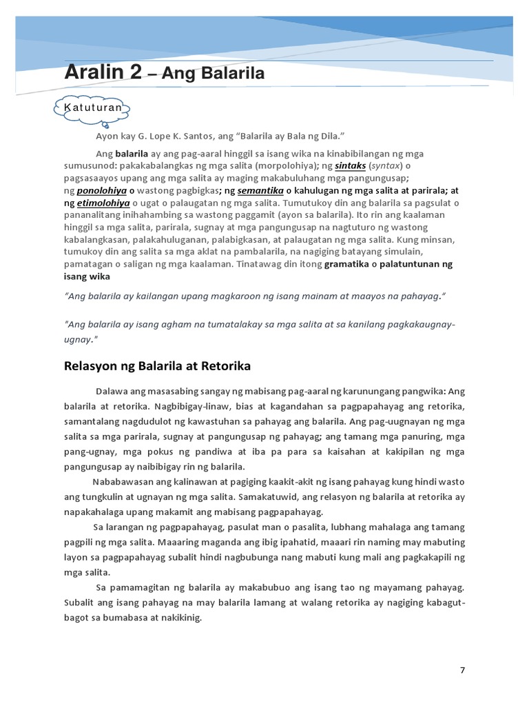 Masining Aralin 2 - Ang Balarila PDF | PDF
