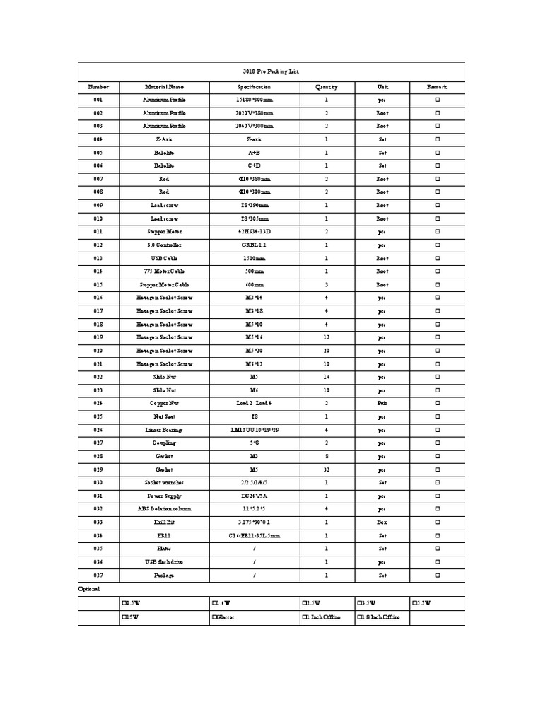 3018pro Packing List | PDF