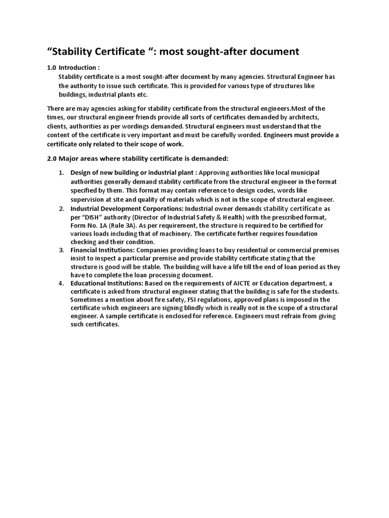 "Stability Certificate ": Most Sought-After Document | PDF | Engineer ...