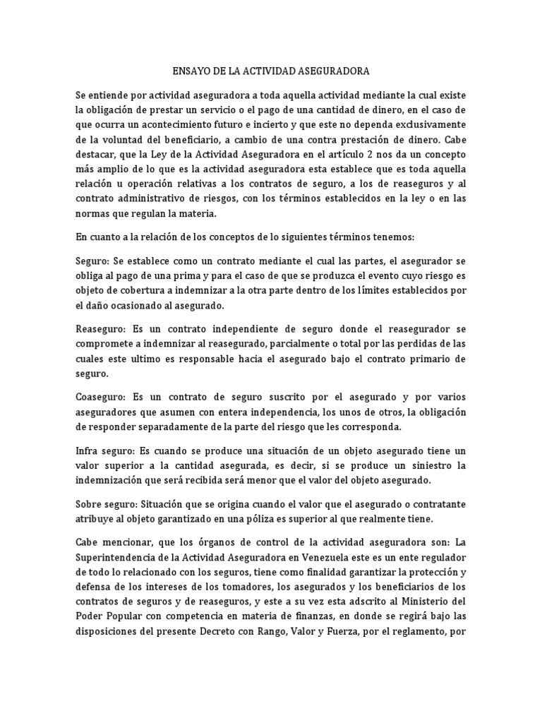 Ensayo de La Actividad Aseguradora | PDF | Reaseguro | Póliza de seguros