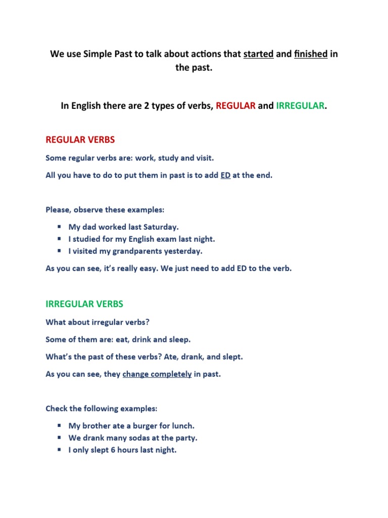 We Use Simple Past To Talk About Actions That Started and Finished in ...