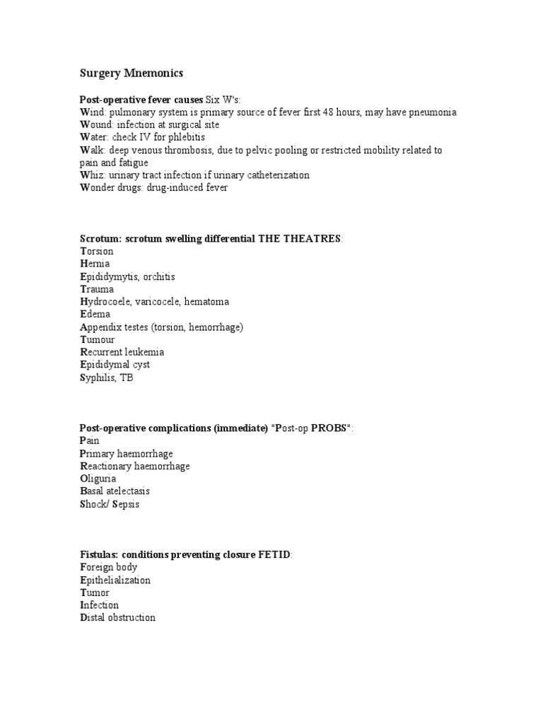 Surgery Mnemonics | PDF | Vein | Diseases And Disorders
