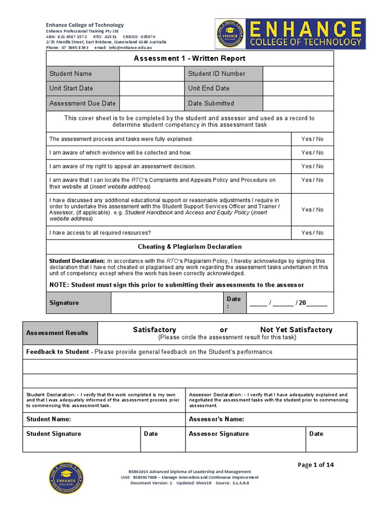 Written Assessment Guide for BSBMGT608 | PDF | Innovation | Risk Management
