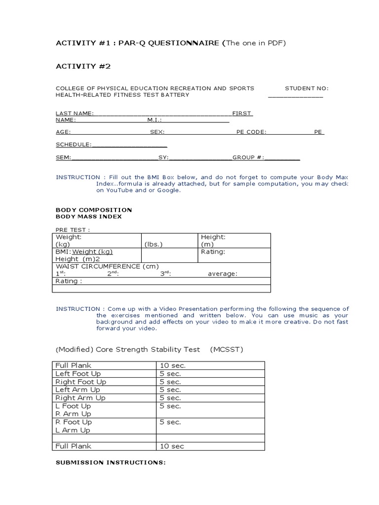 Activity #1: Par-Q Questionnaire (The One in PDF | PDF | Career ...