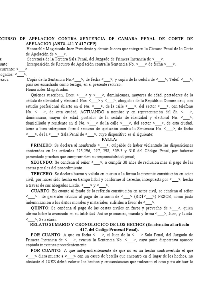 Recurso Apelacion Contra Sentencia de Camara Penal | PDF | Caso de ley | Homicidio