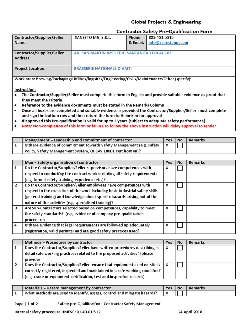 Contractor Safety Pre-Qualification Form | PDF | Safety | Occupational ...