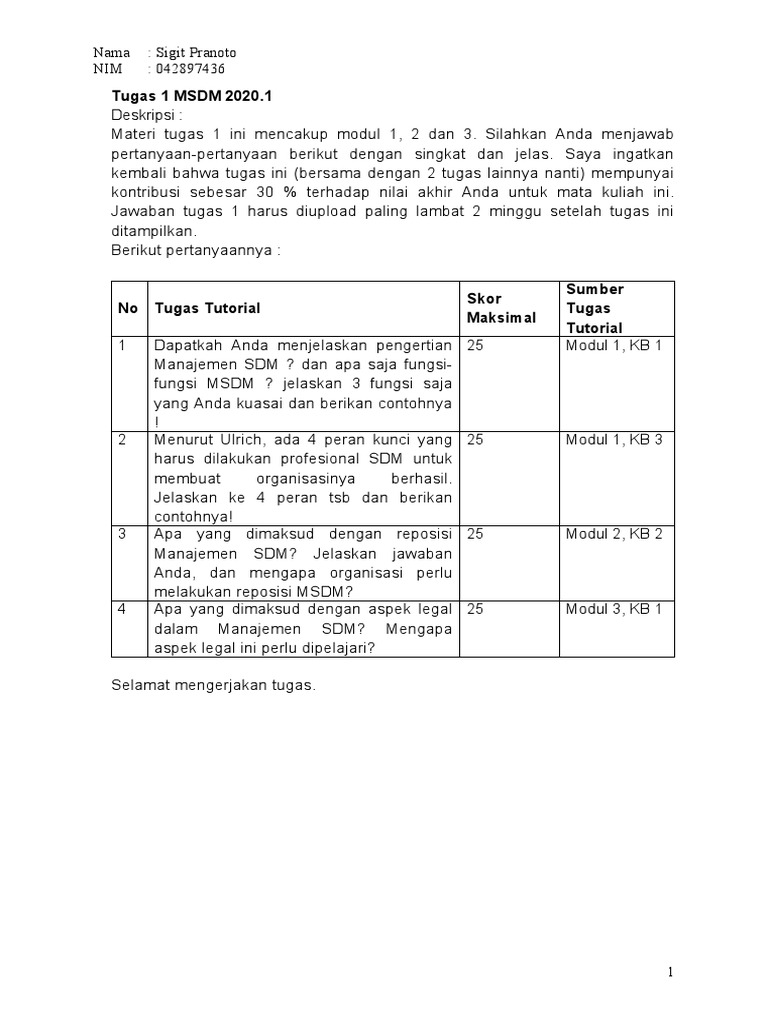 Tugas 1 Sigit Pranoto (MSDM) | PDF