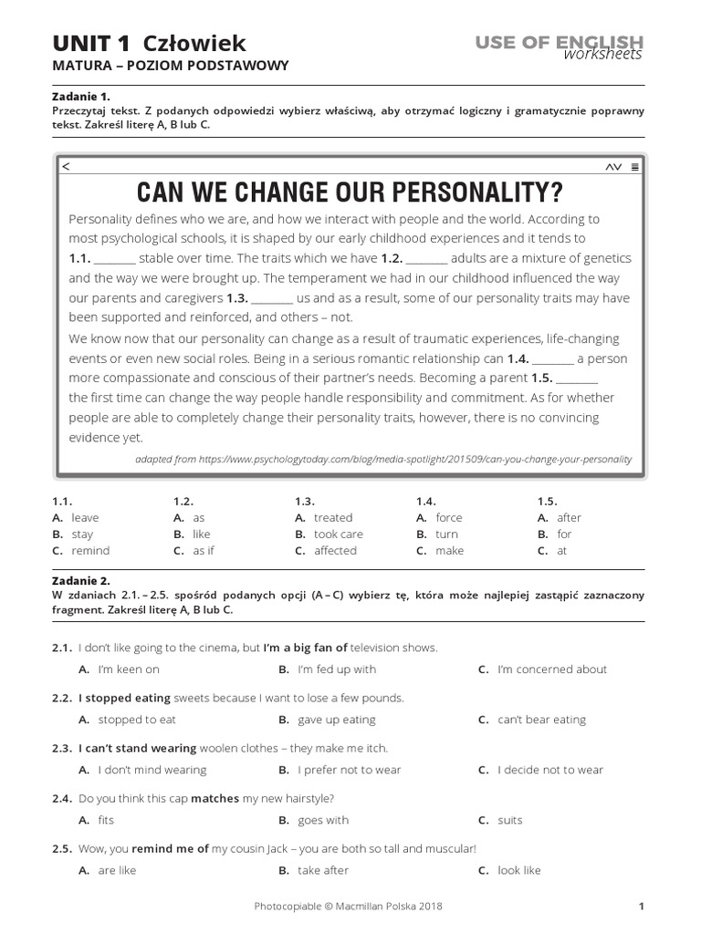 Can We Change Our Personality?: UNIT 1 Człowiek | PDF | Interpersonal ...