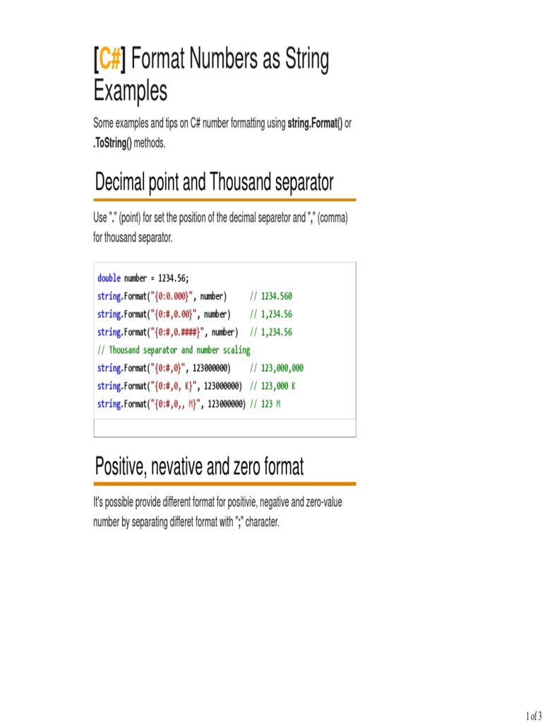 C# Format Numbers As String Examples | PDF
