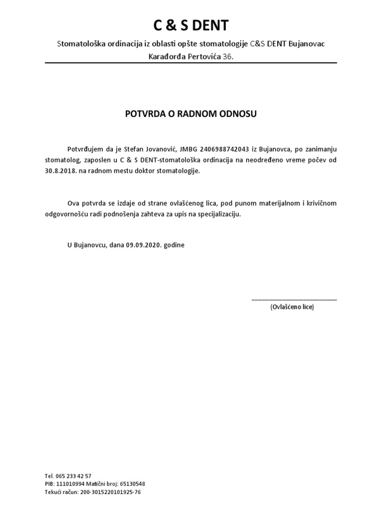 Potvrda o Stalnom Radnom Odnosu | PDF