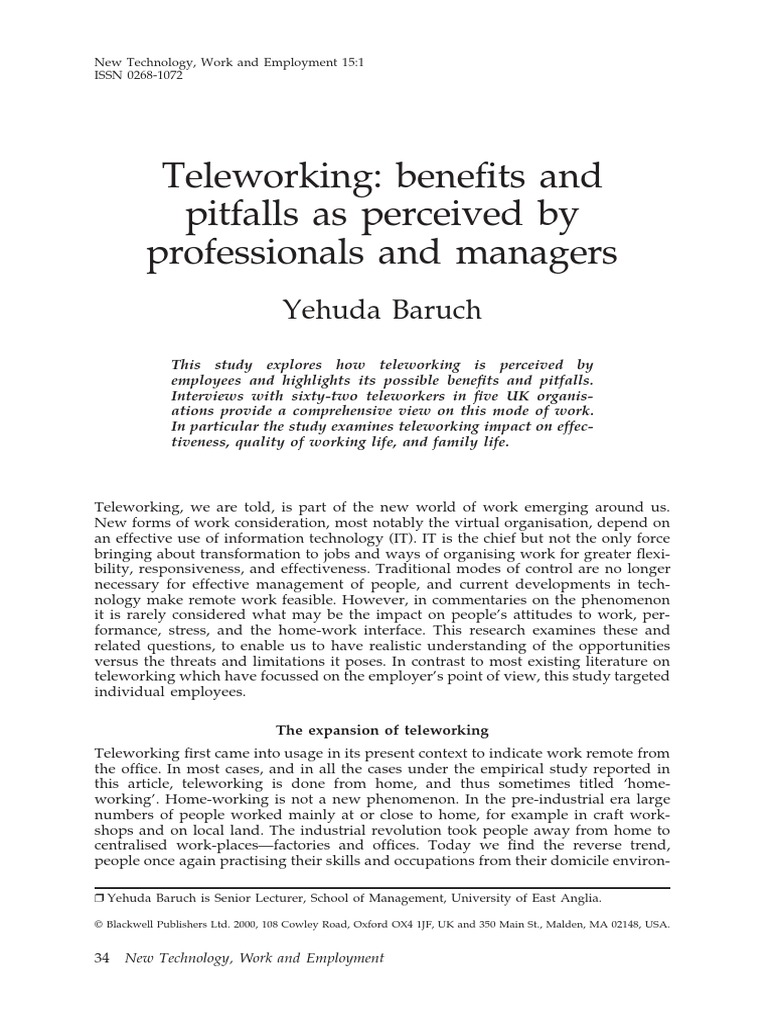 Teleworking Benefits and Pitfalls As Perceived by Professionals and Managers | PDF ...