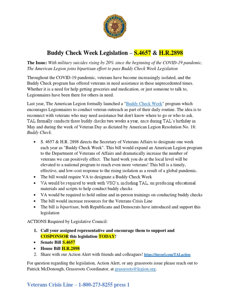 Buddy Check Week Legislation for Veterans | PDF | Veteran | Federal ...