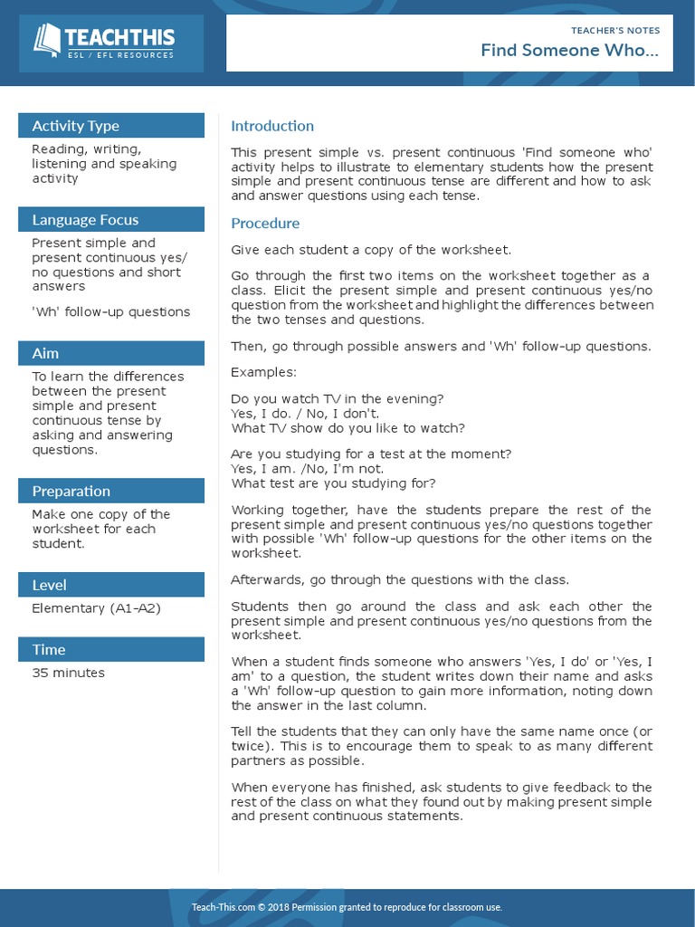 Find Someone Who Present Simple Vs Present Continuous PDF | PDF ...