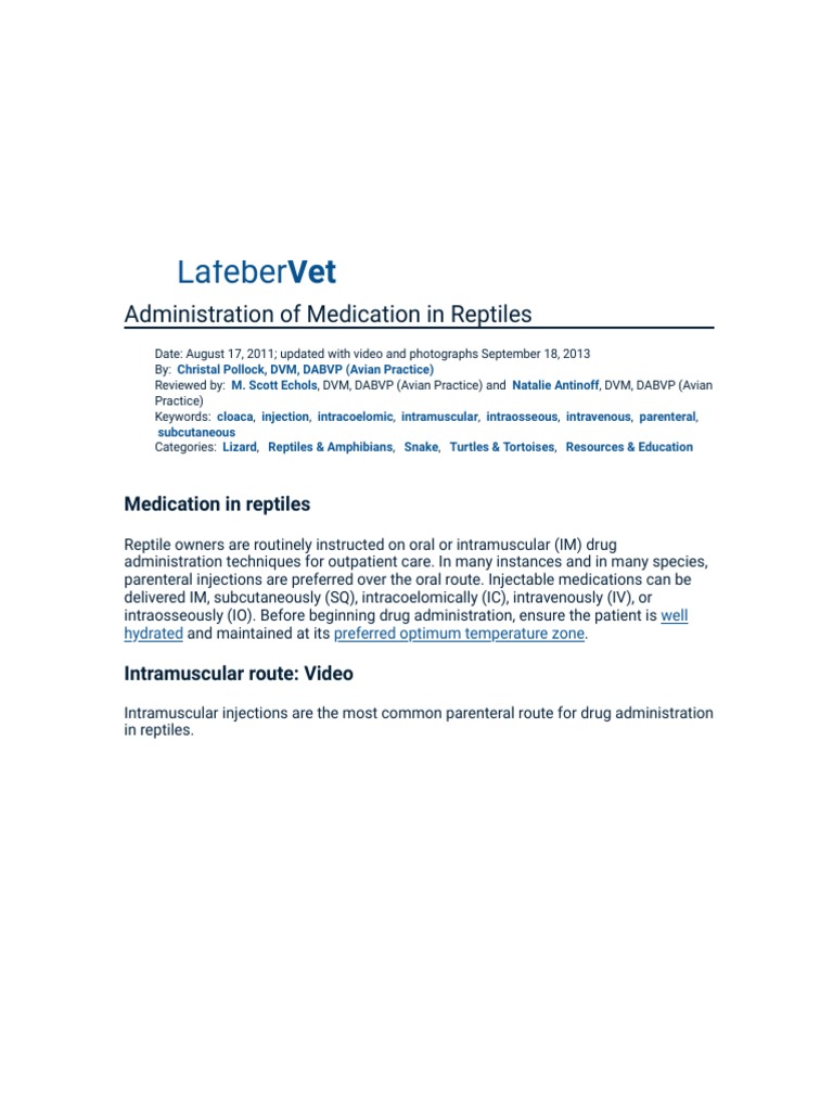 Administration of Medication in Reptiles - LafeberVet PDF | PDF ...