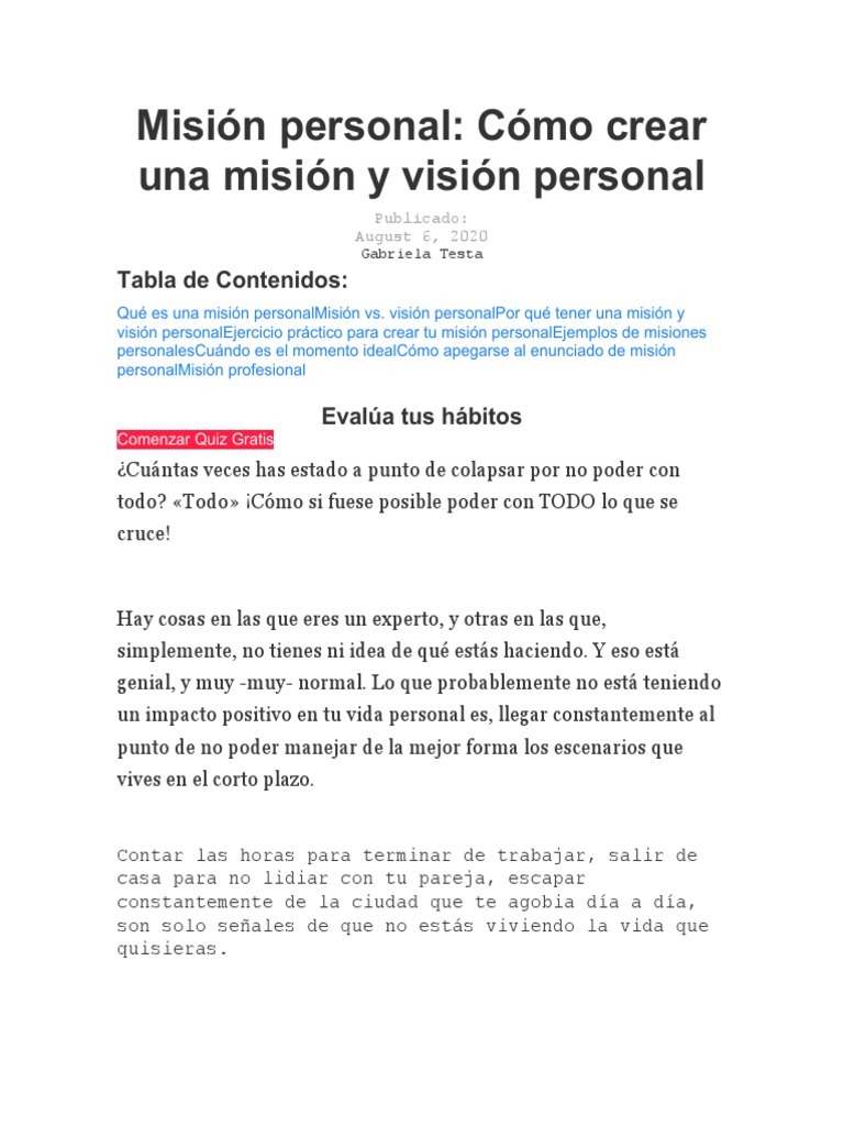 Misión Personal 'Ejemplo' | Descargar gratis PDF | Bienestar | Vida