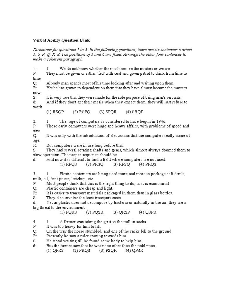 Verbal Ability Question Bank | PDF
