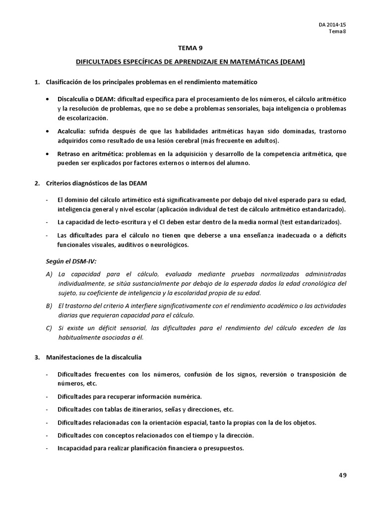 Tema 9 Dificultades Específicas de Aprendizaje en Matemáticas (Deam) | PDF | Neuropsicología ...