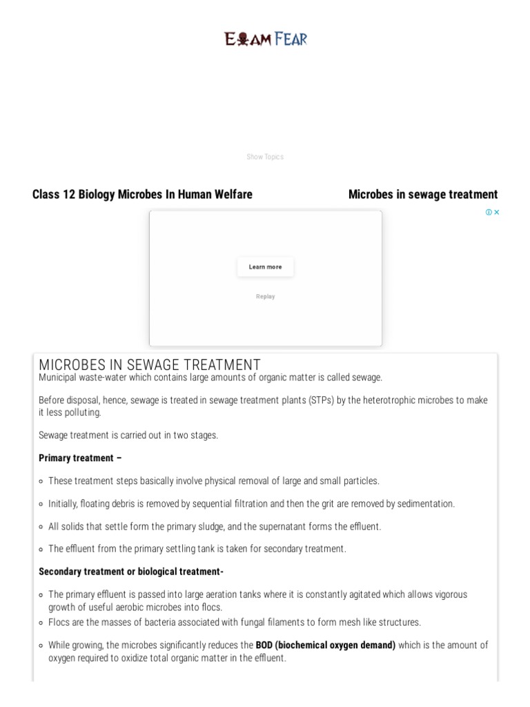 CBSE NCERT Notes Class 12 Biology Microbes in Human Welfare | PDF ...