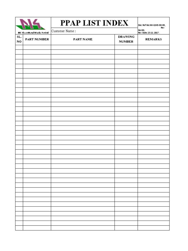 Ppap List Index: Customer Name | PDF