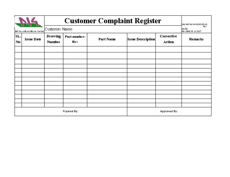 NK-QMS-04-10 Customer Complaint Register | PDF