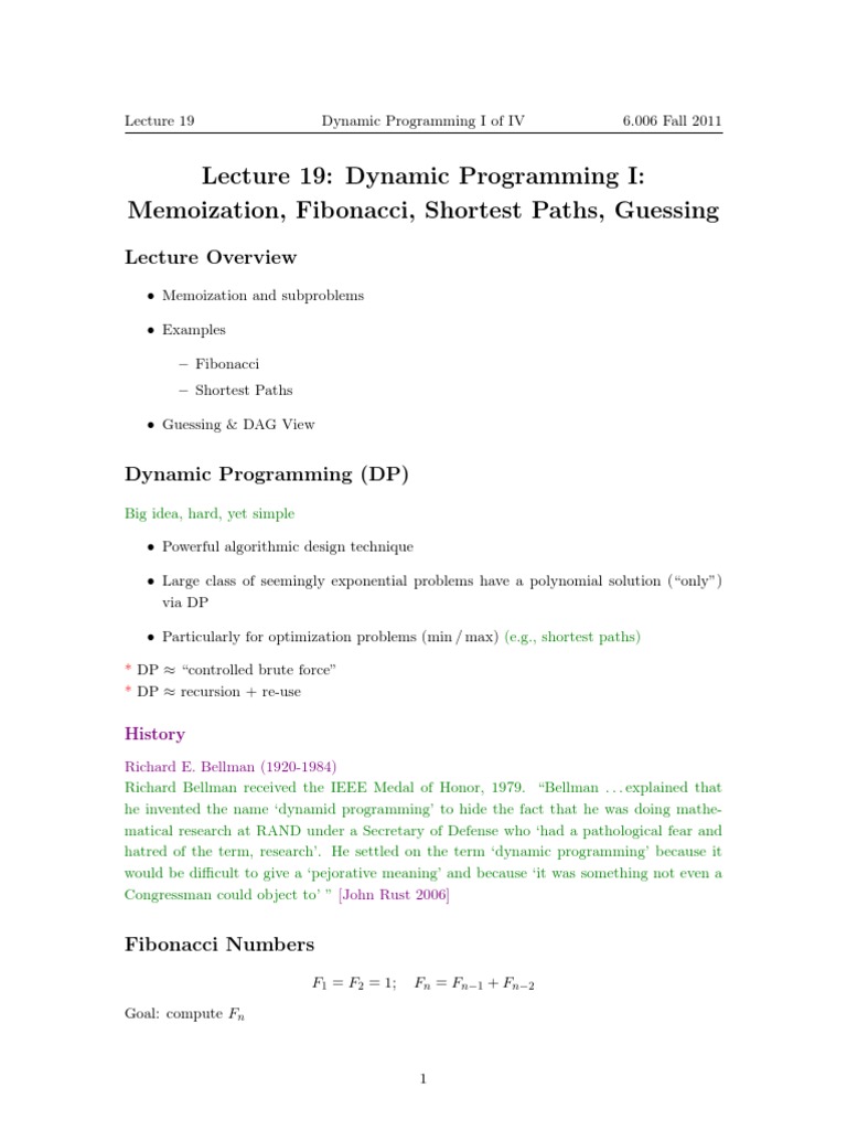 Lecture 19 Dynamic Programming I Memoization Fibonacci Shortest Paths Guessing Download