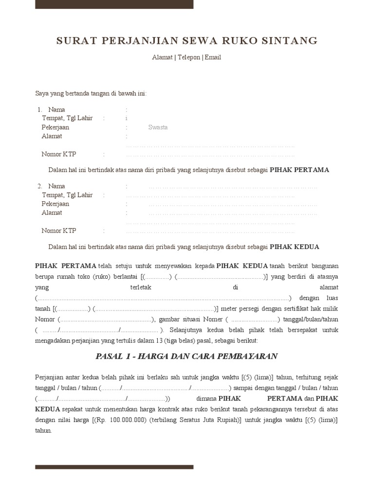 Surat Perjanjian Sewa Ruko Sintang | PDF