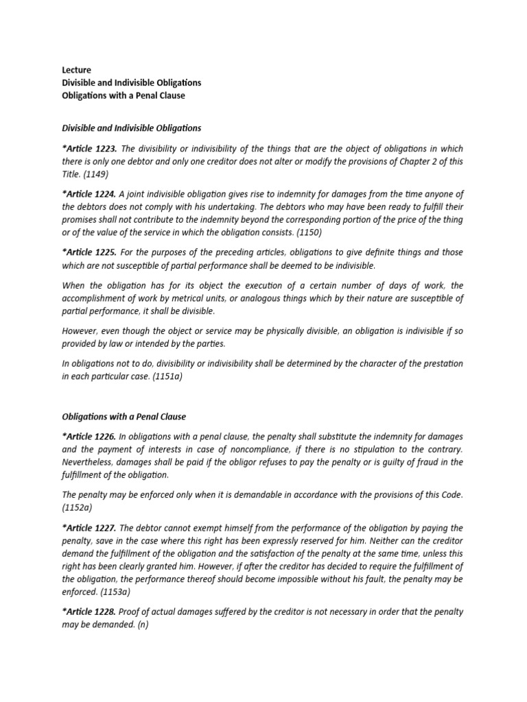 Divisible vs. Indivisible Obligations | PDF | Indemnity | Legal Remedy