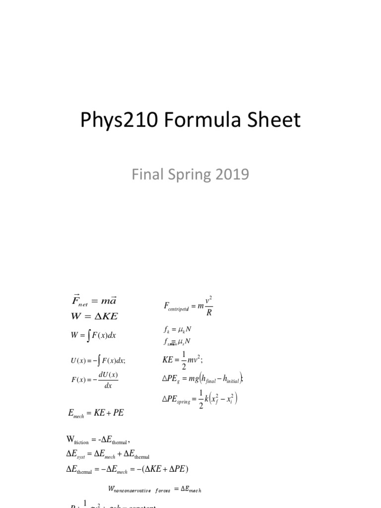 Phys210 Formula Sheet Spring 2019 | PDF | Natural Philosophy ...