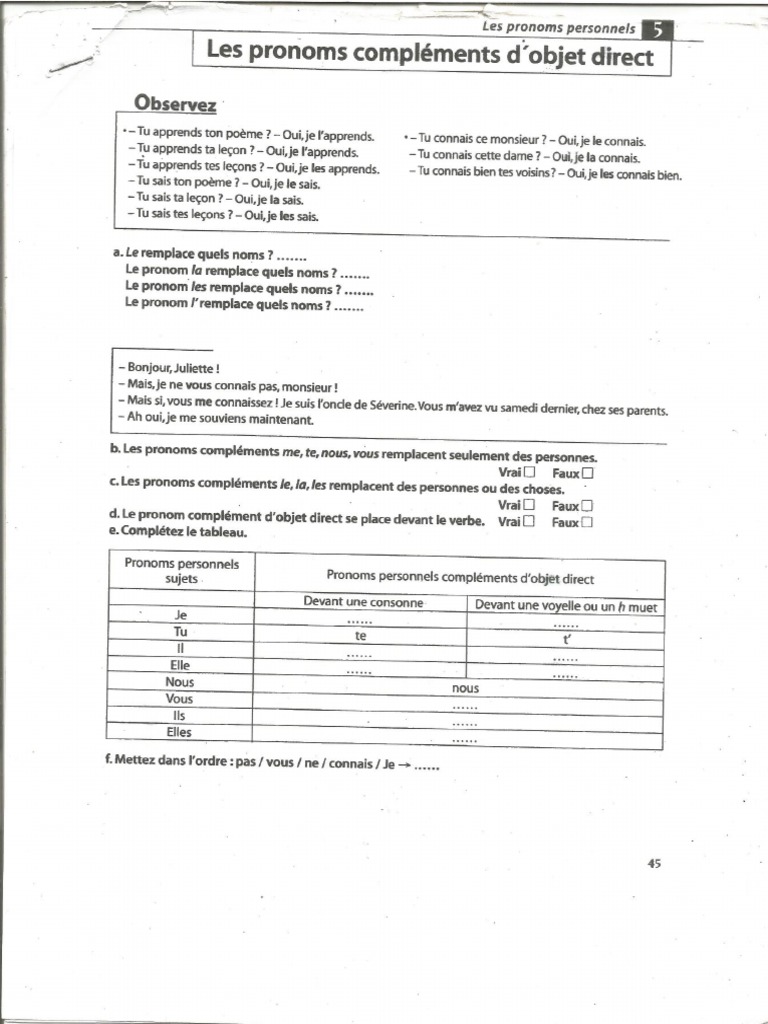 Les Pronoms Compléments D Objet Direct PDF | PDF