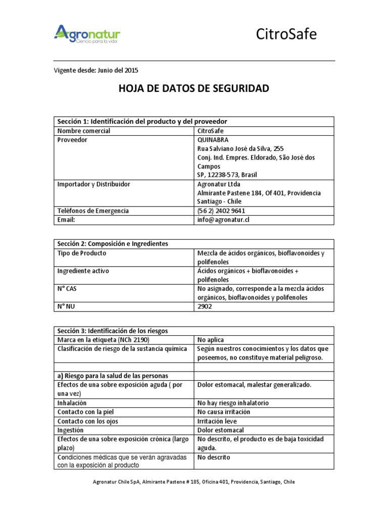Hoja de Seguridad de CitroSafe | PDF | Guante | Dióxido de carbono