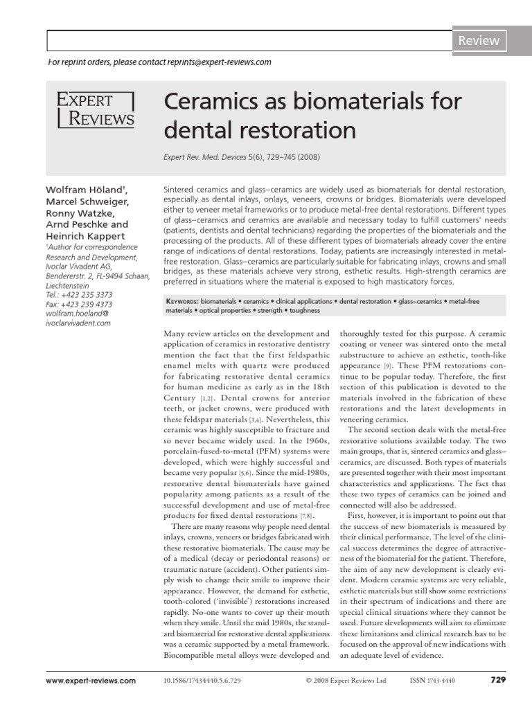 Ceramics As Biomaterials For Dental Restoration | PDF | Ceramics ...