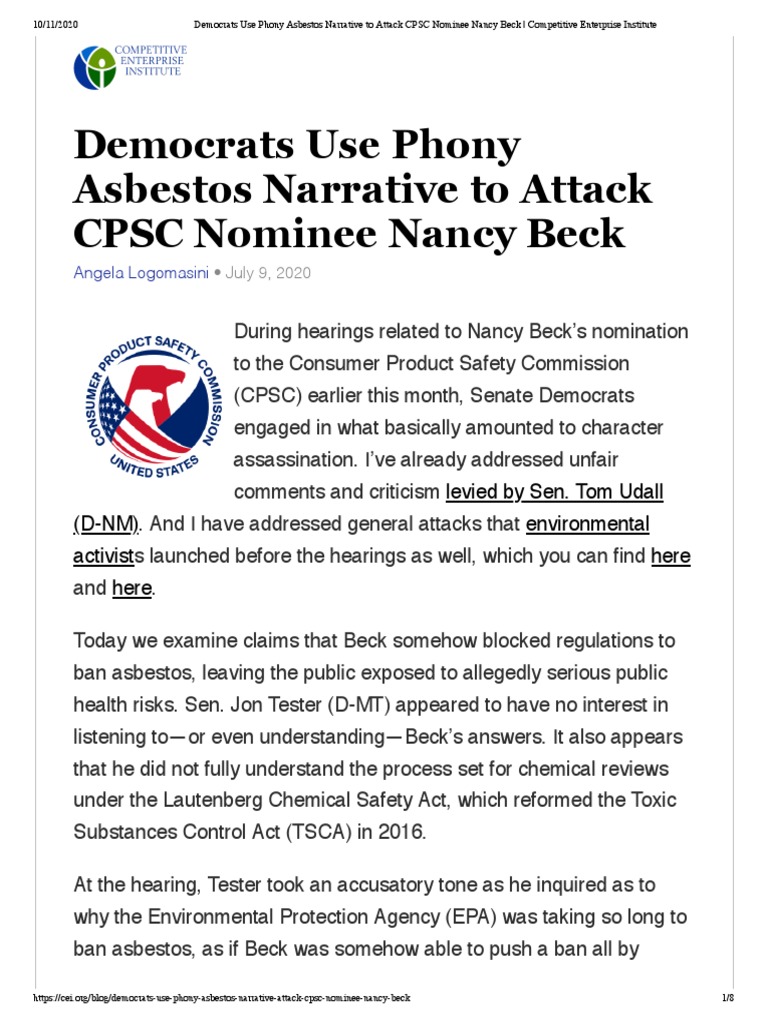 Nancy Beck - Democrats Use Phony Asbestos Narrative To Attack CPSC ...