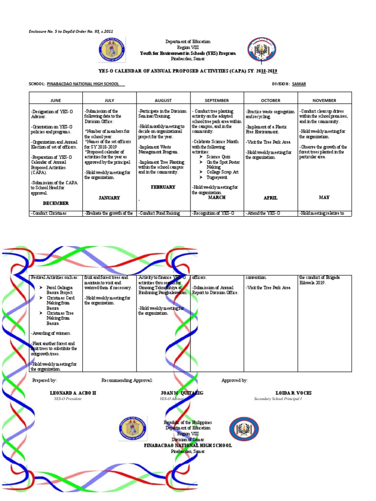 Yes-O Calendar of Annual Proposed Activities (Capa) Sy: 2018-2019 | PDF ...