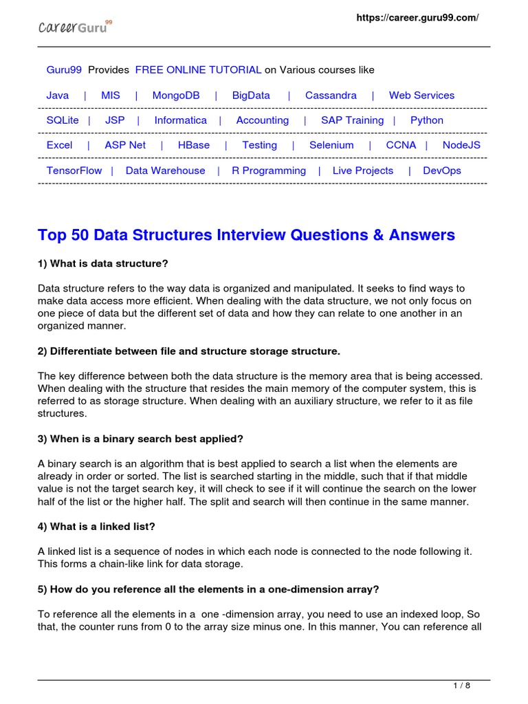 Top 50 Data Structures Interview Questions & Answers: 1) What Is Data Structure? | PDF | Pointer ...