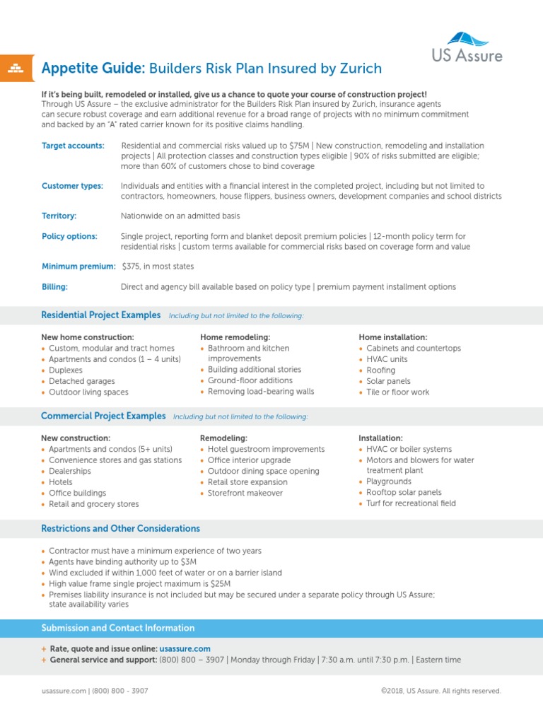 Us Assure Appetite Guide Builders Risk Plan Insured by Zurich | PDF ...