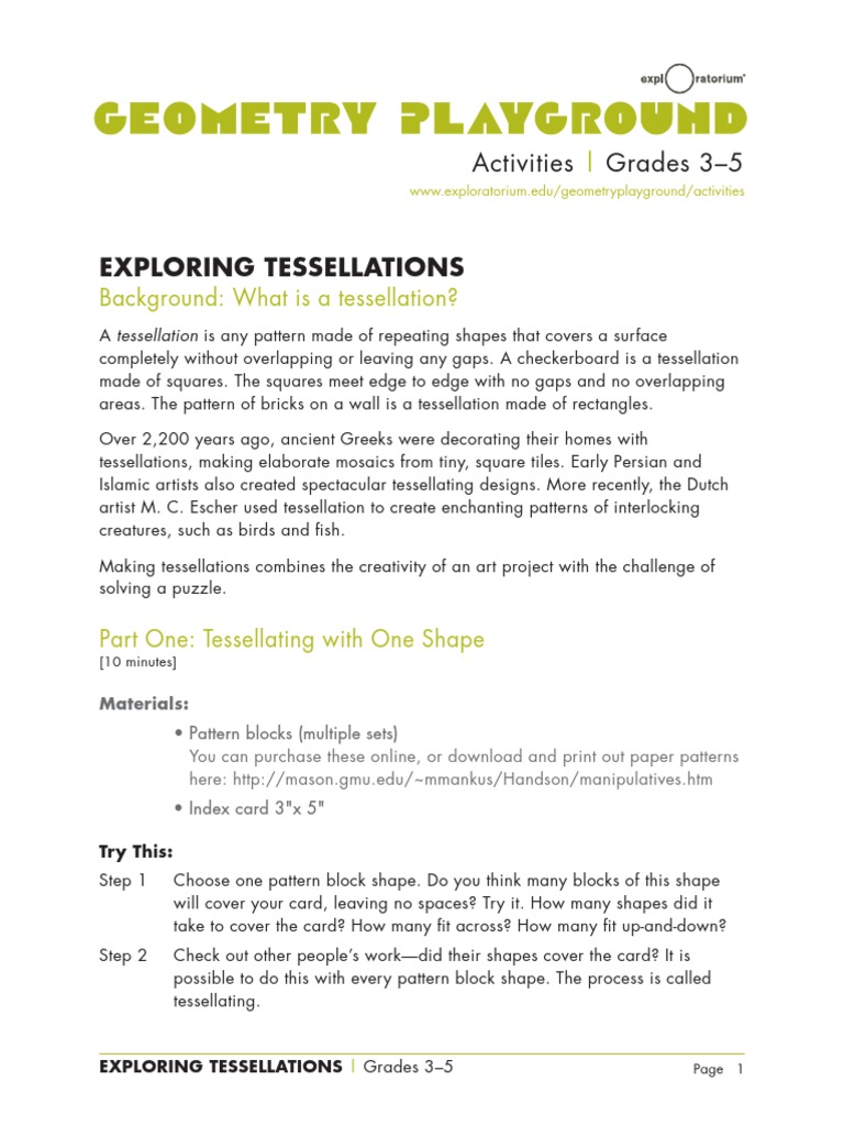 Exploring Tessellations: Activities Grades 3-5 | PDF | Geometry | Space
