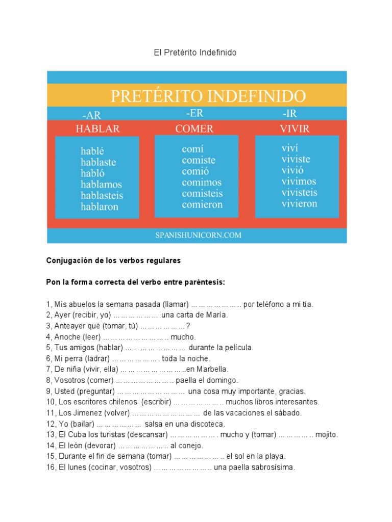 Pretérito Indefinido Ejercicios PDF | PDF
